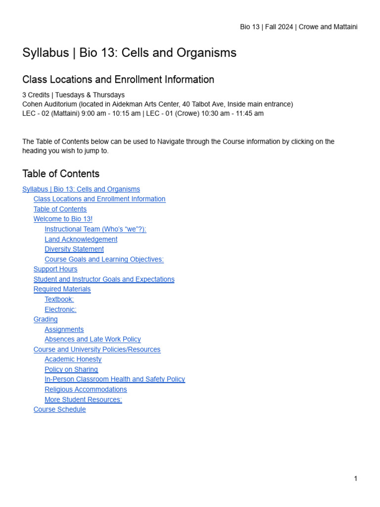 2024 Bio 13 Syllabus and Course Schedule | PDF