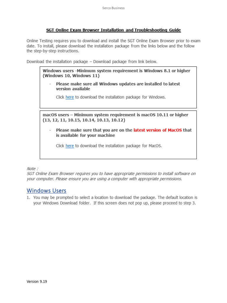 SGT Online Exam Browser Setup Guide | PDF | Installation (Computer ...