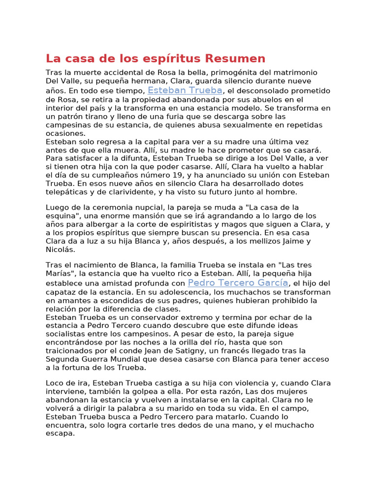La Casa de Los Espíritus Resumen | PDF
