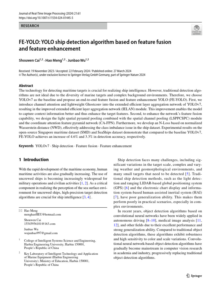 YOLO Ship Detection Algorithm Based On Feature Fusion | PDF
