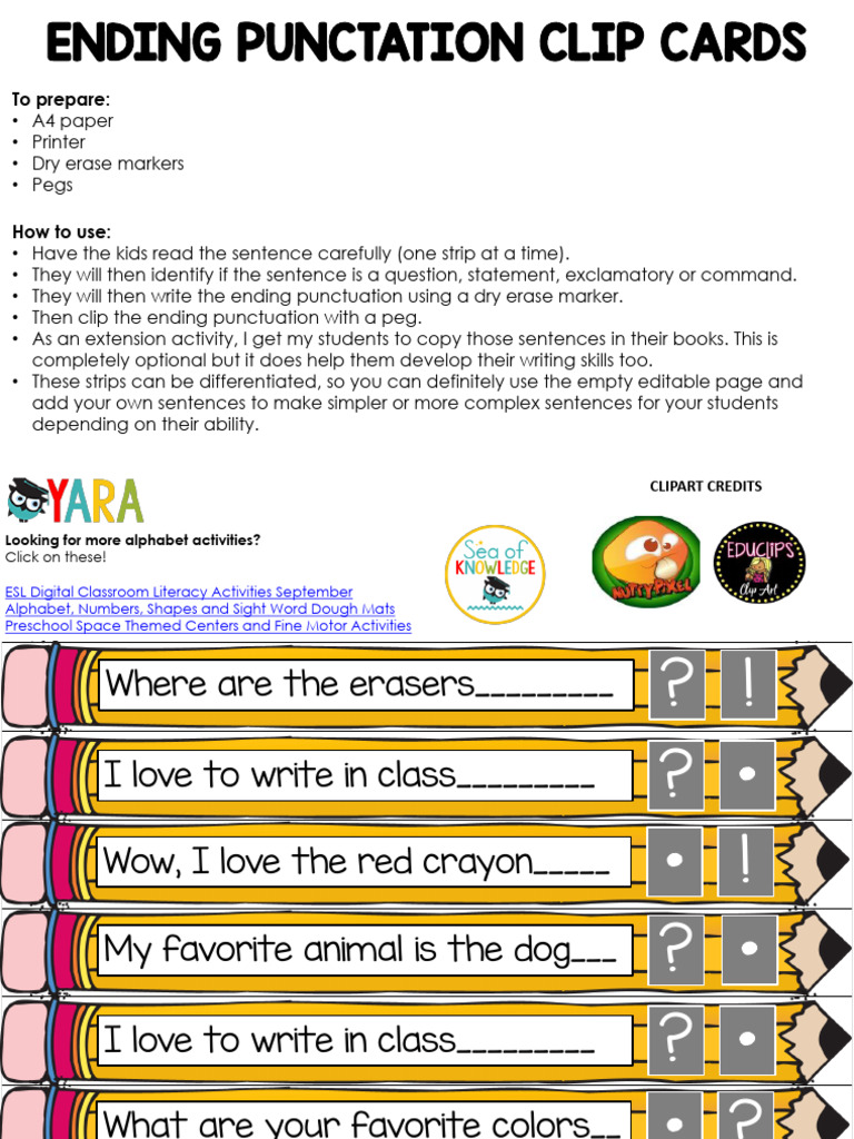 EndingPunctuationPencilClipCards FirstGrade | PDF | Graphic Design ...