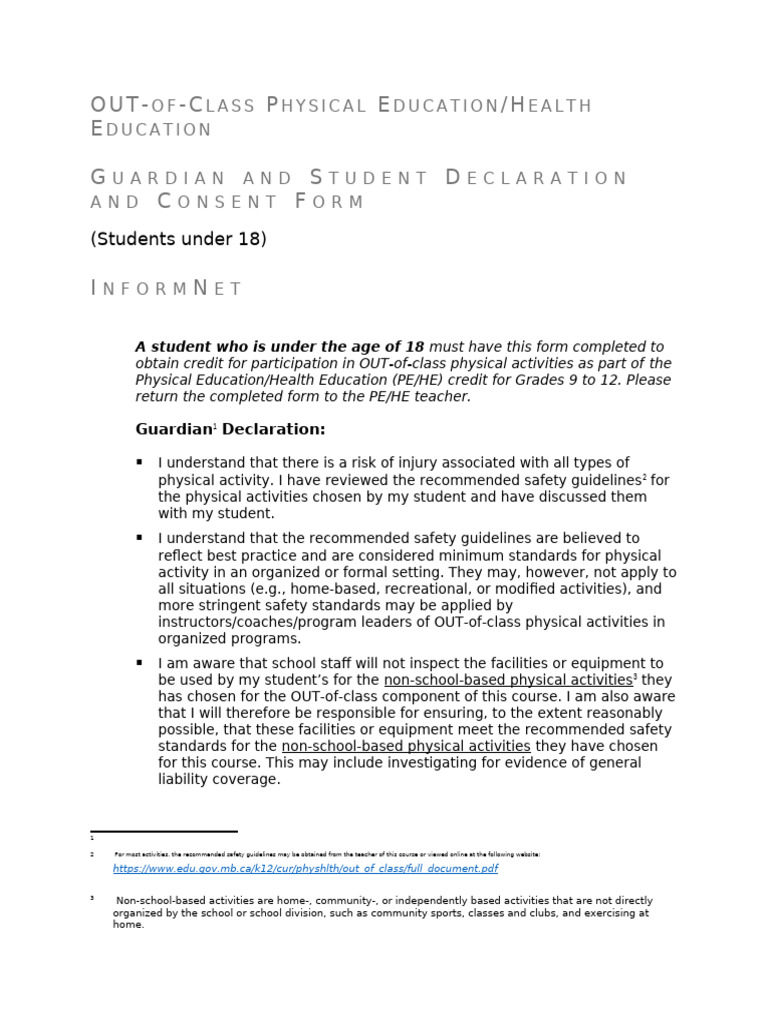 Physical Activity Practicum Declaration Consent Form (Under 18 Years) 2 ...