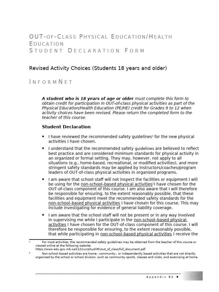 Physical Activity Practicum Declarartion Consent Form (Over 18 Years) | PDF