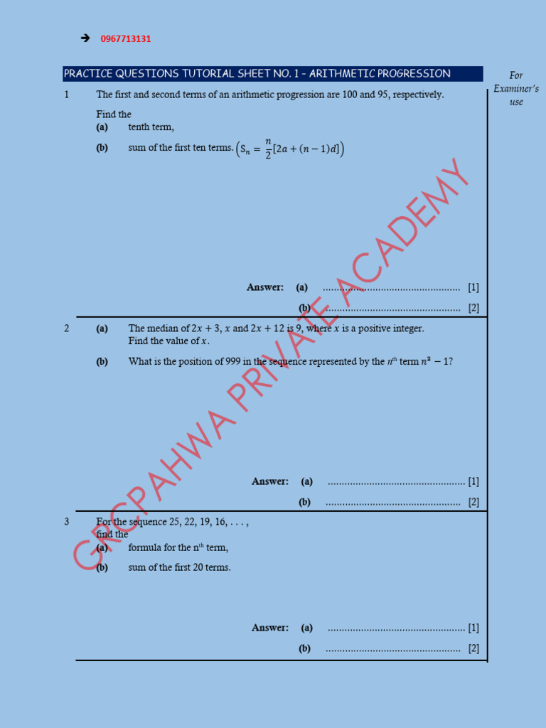 Practice Questions Tutorial Sheet No. 1 - Arithmetic Progression | PDF ...