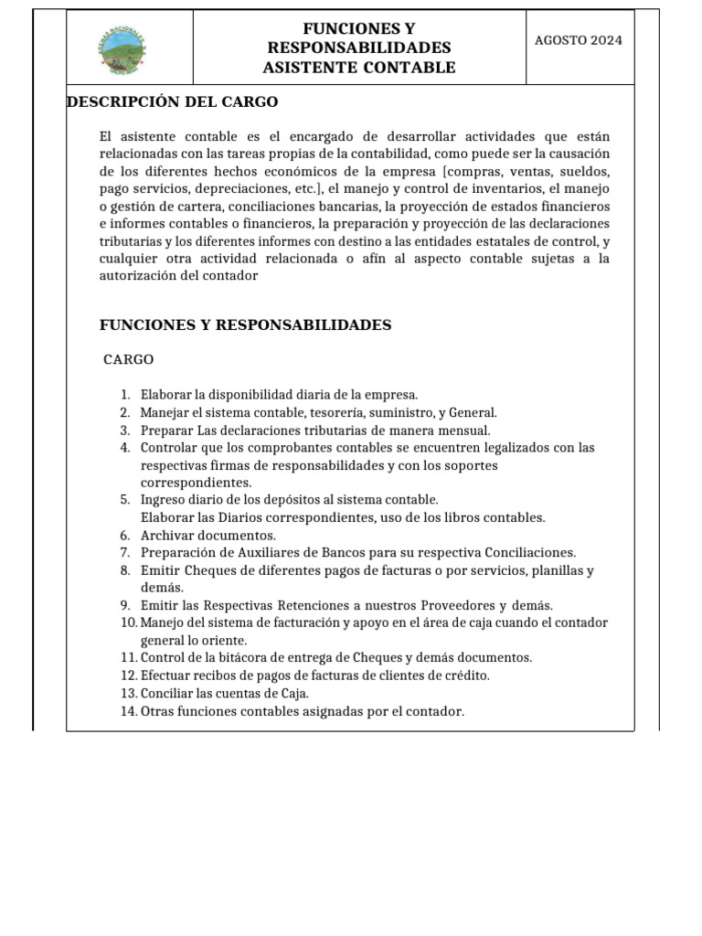 Funciones y Responsabilidades Asistente Contable | PDF