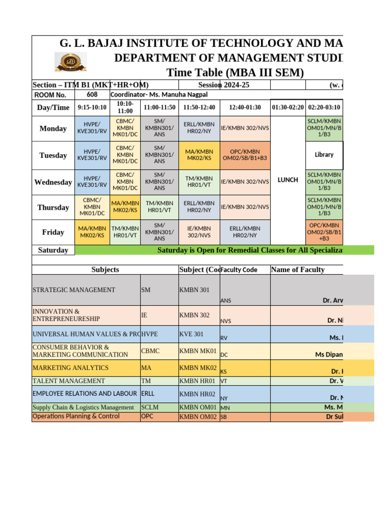 ITM + CTM 3RD Sem Time Table 24 - 25 | PDF