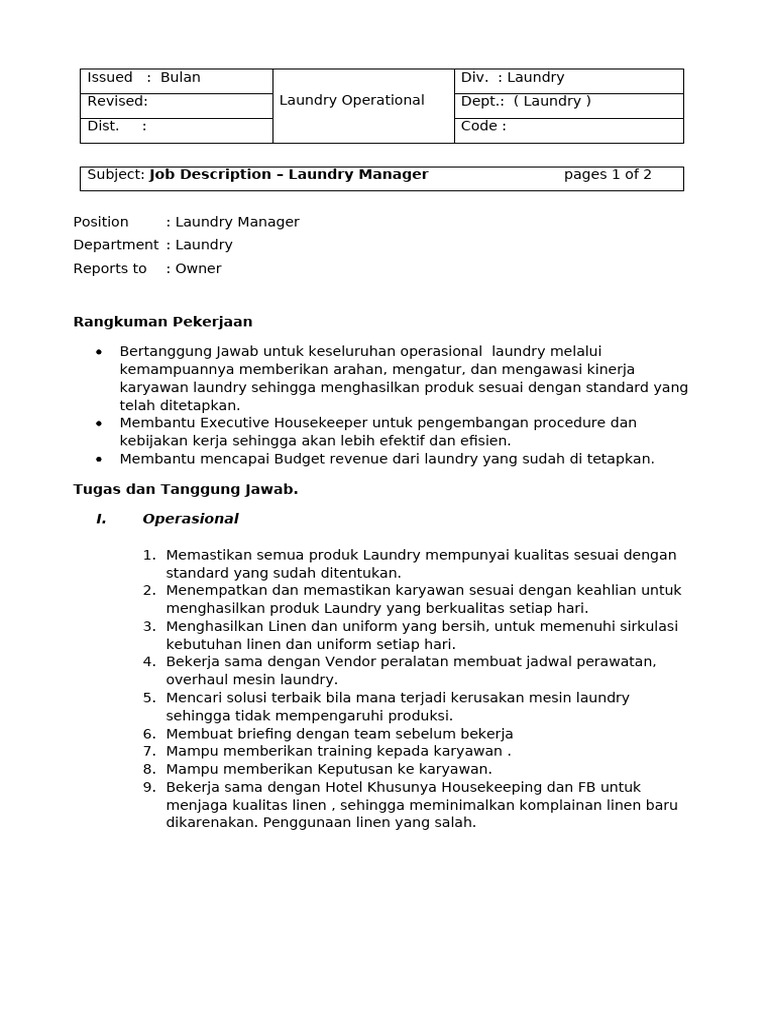 JD Laundry Supervisor | PDF