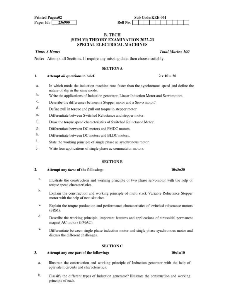 Btech Ee 6 Sem Special Electrical Machines Kee 061 2023 | PDF | Electric Motor | Electrical ...