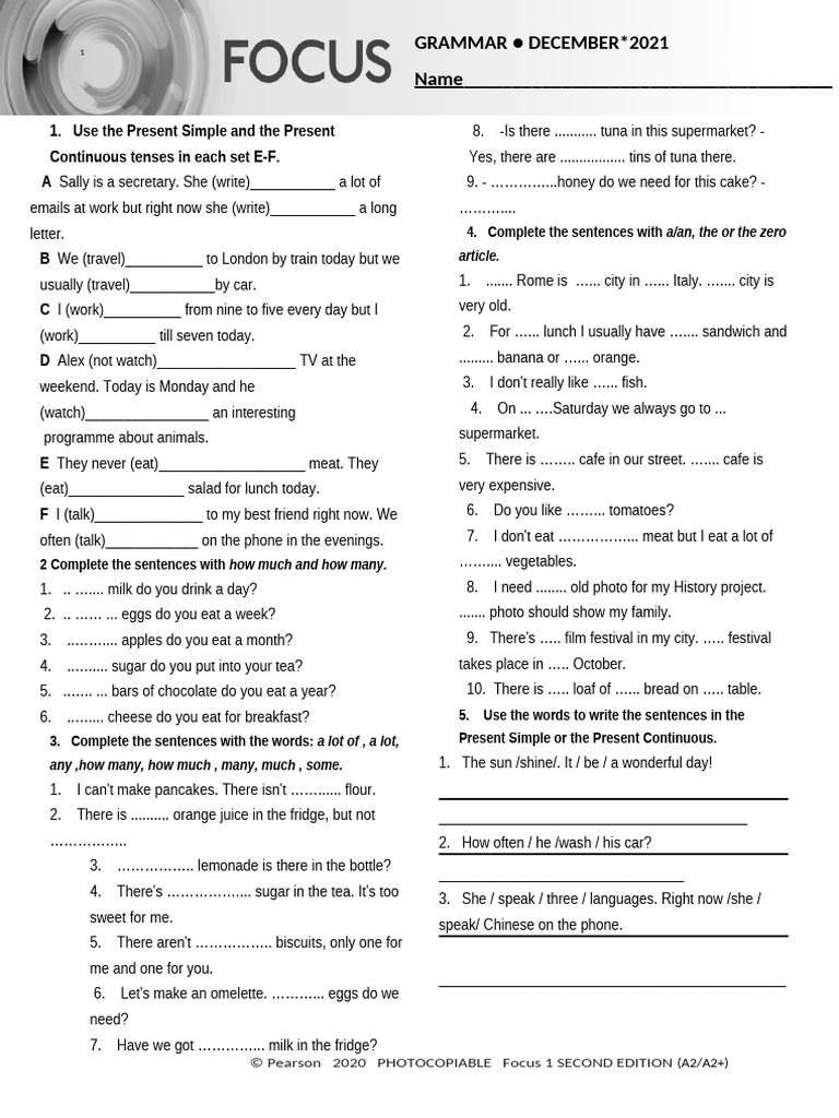 Focus Grammar Test December 2021 | PDF