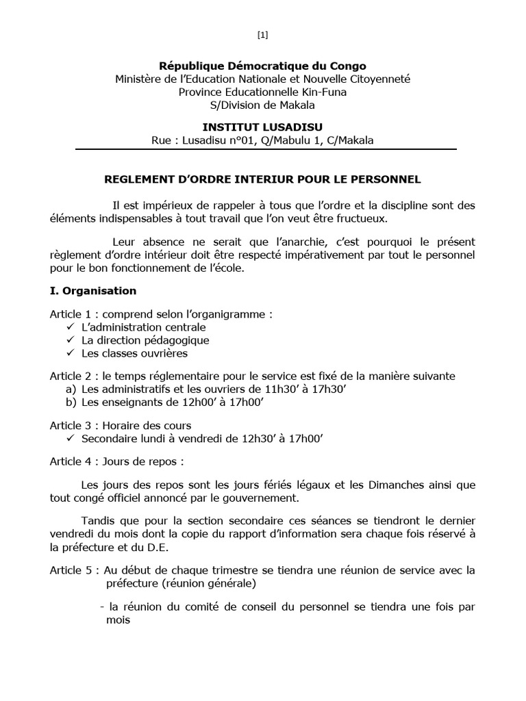 Reglement d'Ordre Interieur Lusadisu | PDF