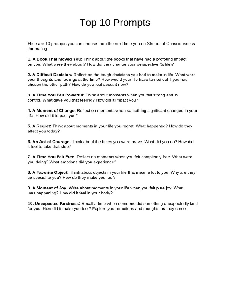 Top 10 Prompts For Stream of Consciousness Journaling | PDF