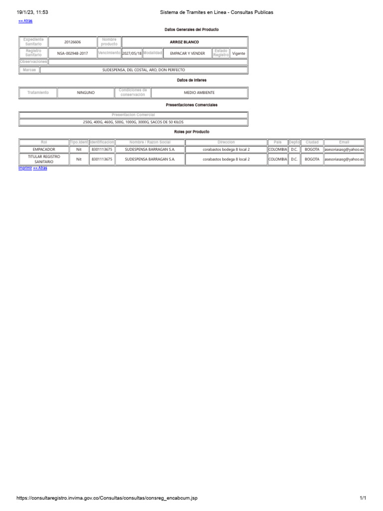 Registro Invima Arroz - Su Despensa | PDF