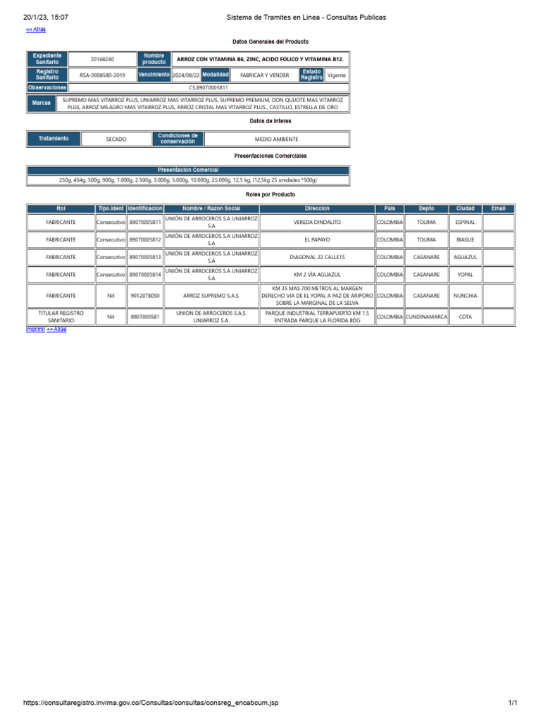 Registro Invima Arroz - Supremo | PDF