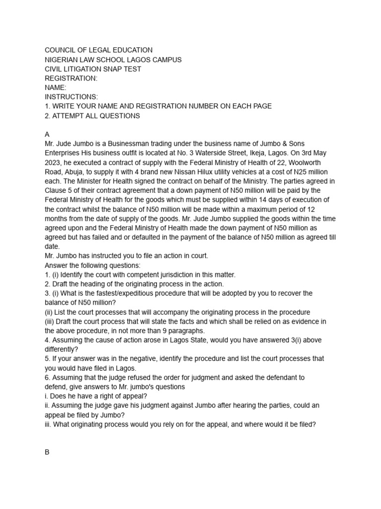 Civil Litigation Snap Test 2023 Lagos | PDF
