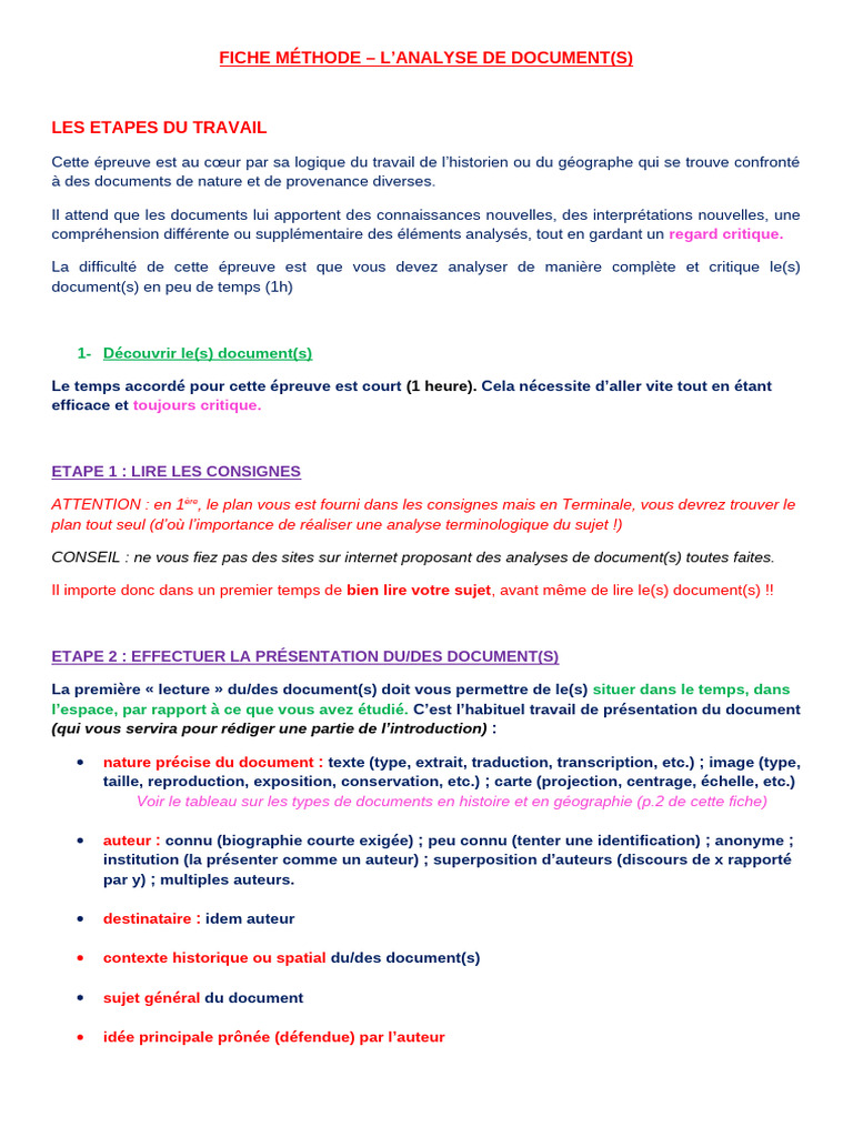 Fiche Méthode - Analyse de Documents - 2nde | PDF