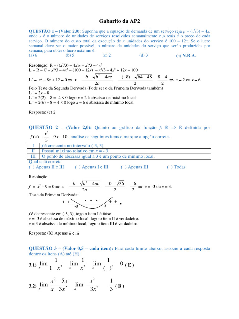 Gabarito AP2 Matemática para Administradores 2019 2 | PDF