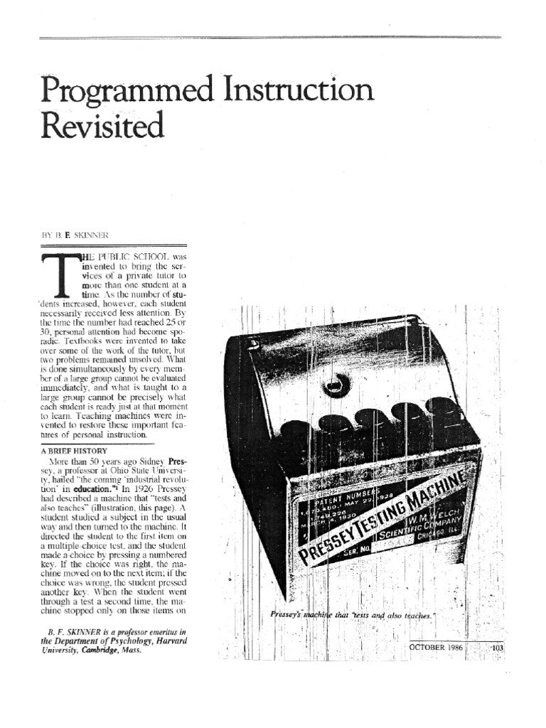 Programmed Instruction Revisited - Skinner 1986 | PDF