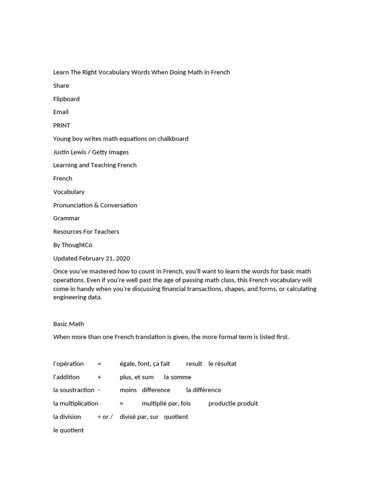 Learn the Right Vocabulary Words When Doing Math in French | PDF