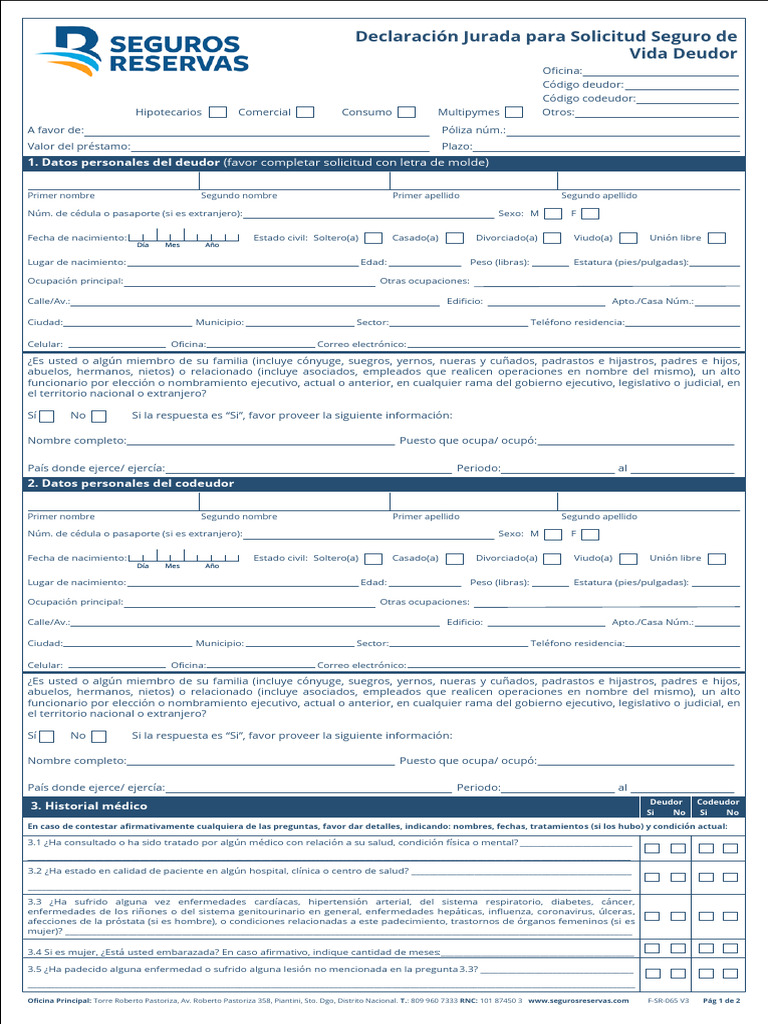 NUEVA Declaración Jurada para Solicitud Seguro de Vida Deudor | PDF