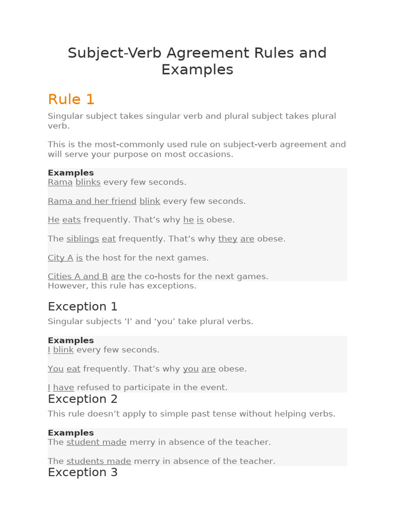 Subject Verb Agreement - 16 Rules With Examples | PDF