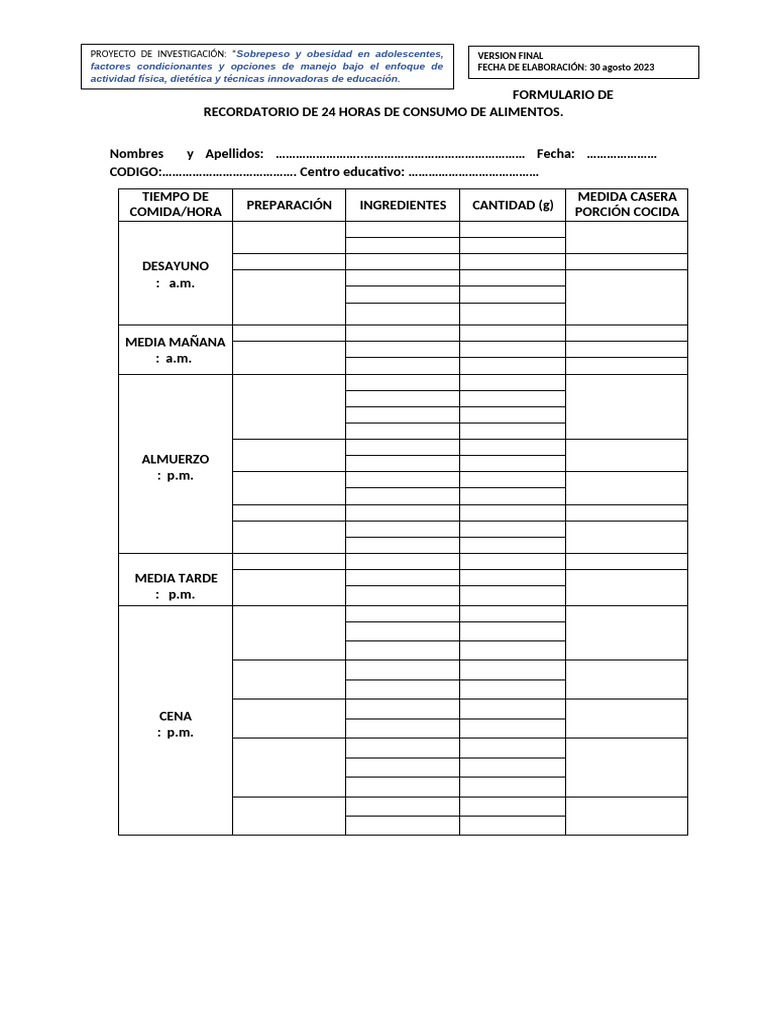Formulario de Recordatorio de 24 Horas de Consumo de Alimentos | PDF