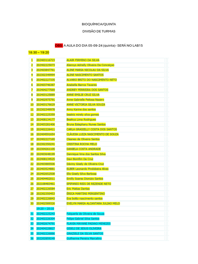 Divis o de Turmas - Bioquimica | PDF