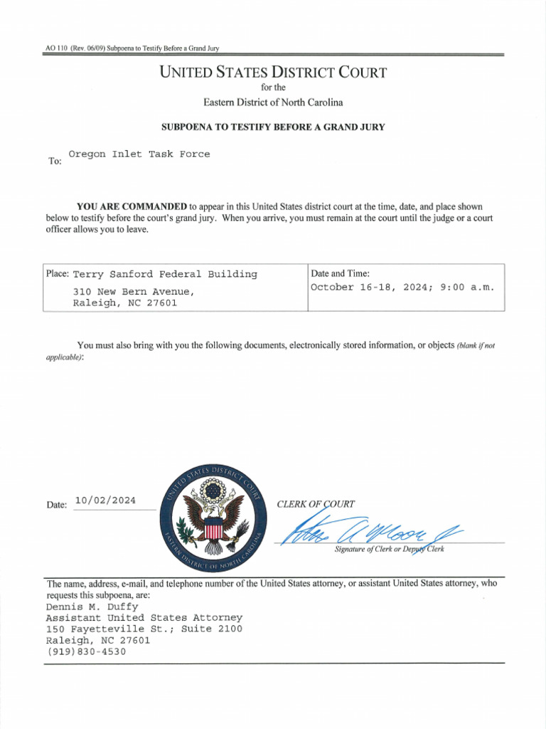 Oregon Inlet Subpoena | PDF