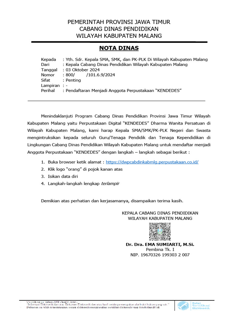 NOTA DINAS PERPUS KENDEDES - Sign + Lampiran Pendaftaran | PDF