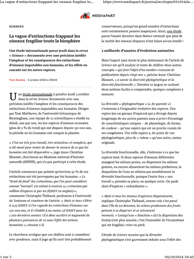 Oiseaux Et Extinction La Vague d’Extinctions Frappant Les Oiseaux Fragilise Toute La Biosphère ...