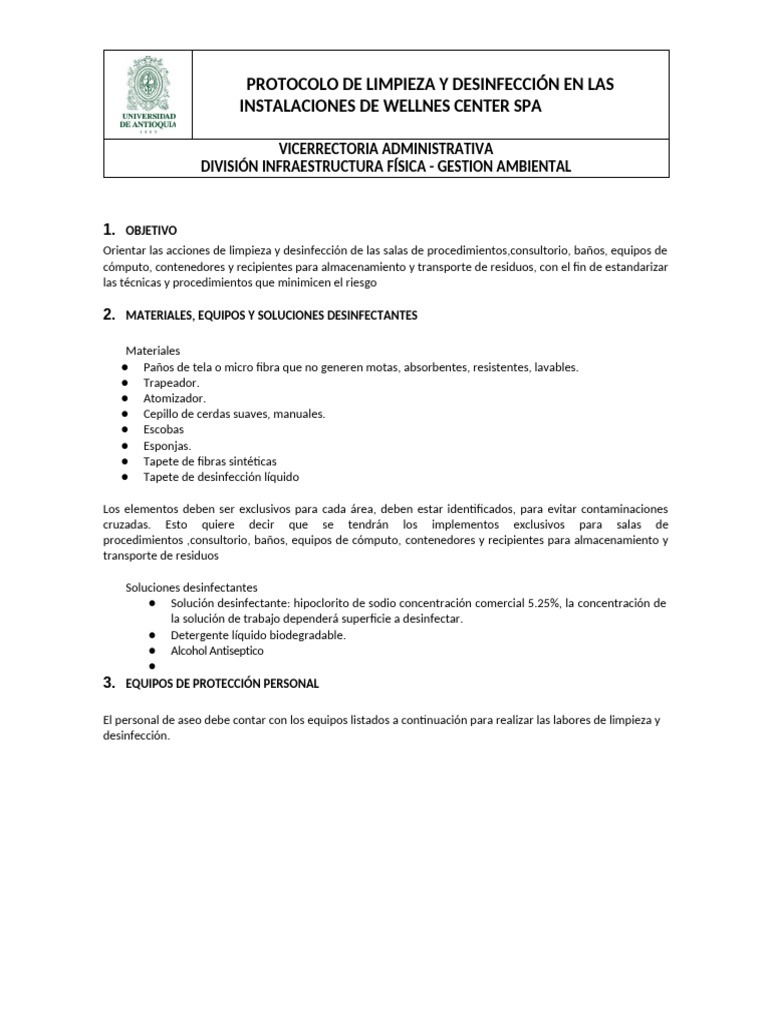 Protocolo de Limpieza y Desinfección UdeA | PDF