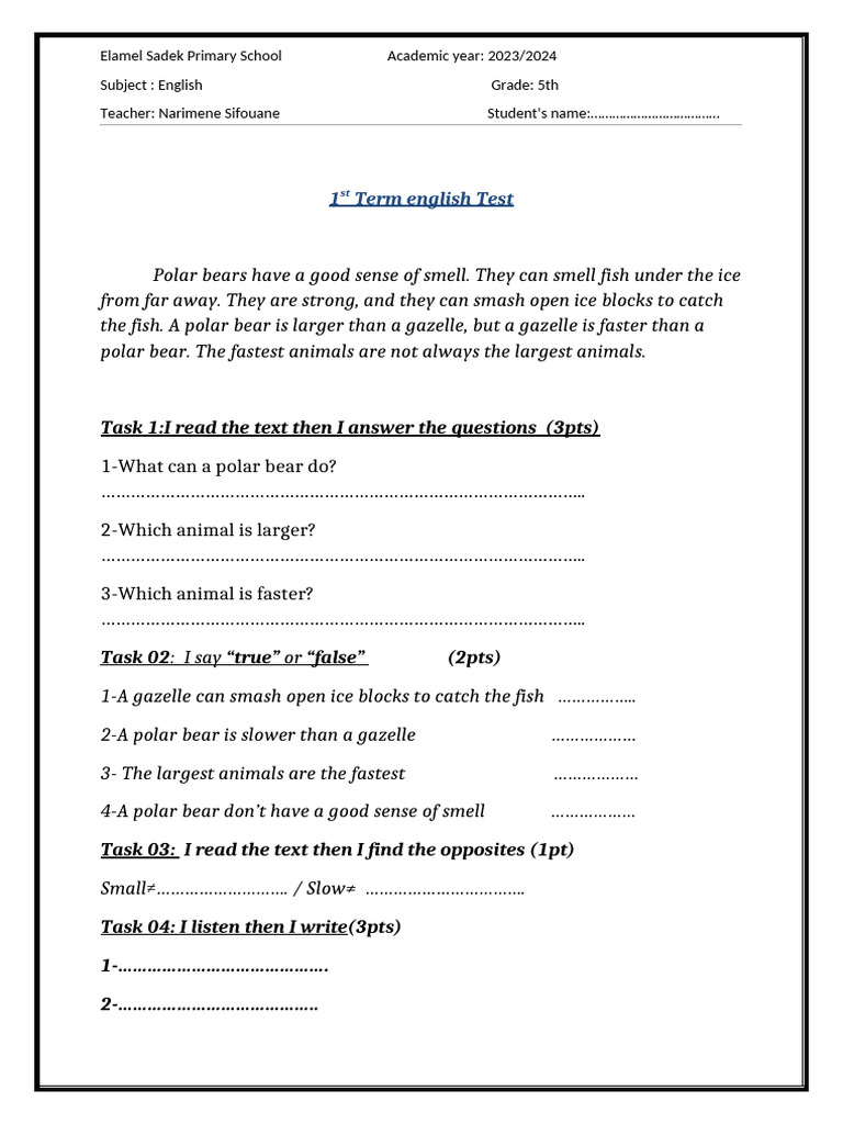 1st Term english test CM2 | PDF