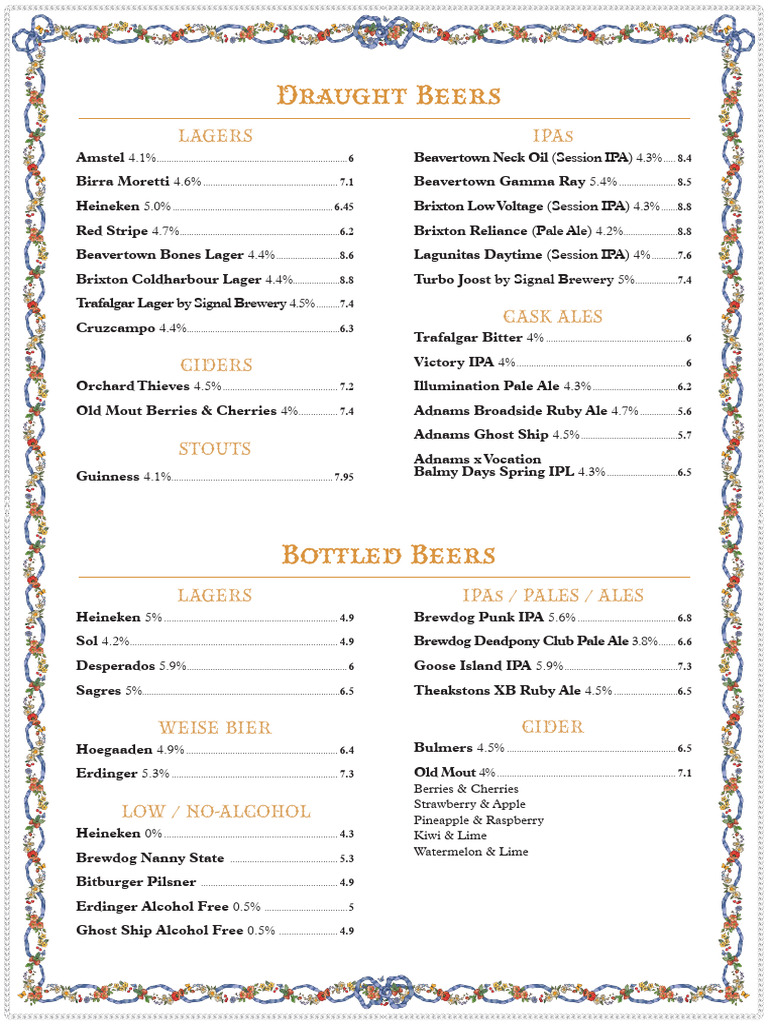 Trafalgar Drinks Menu May 2024 | PDF | Beer | Fermented Drinks