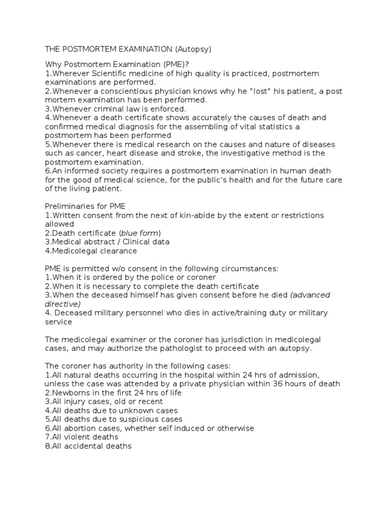 The Postmortem Examination Pdf Autopsy Coroner