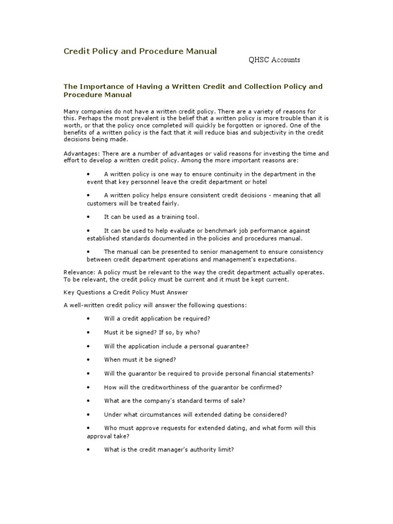 Credit Policy and Procedure Manual | PDF | Collection Agency | Credit ...