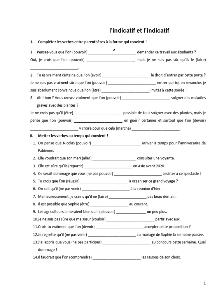 Le Subjonctif, l'Indicatif - Exercices | PDF