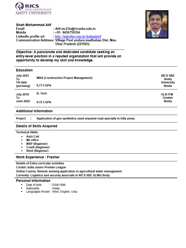 RICS Resume- Atif (CPM) | PDF