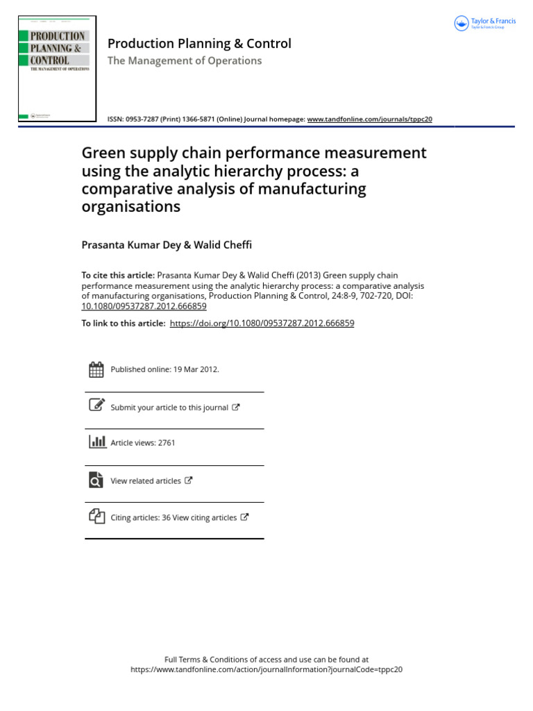 Green Supply Chain Performance Measurement Using The Analytic Hierarchy Process A Comparative