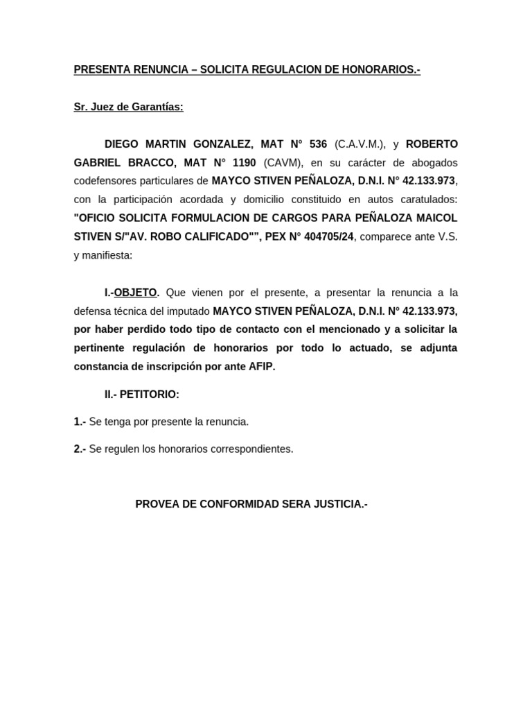 Presenta Renuncia Solicita Regulacion de Honorarios | PDF