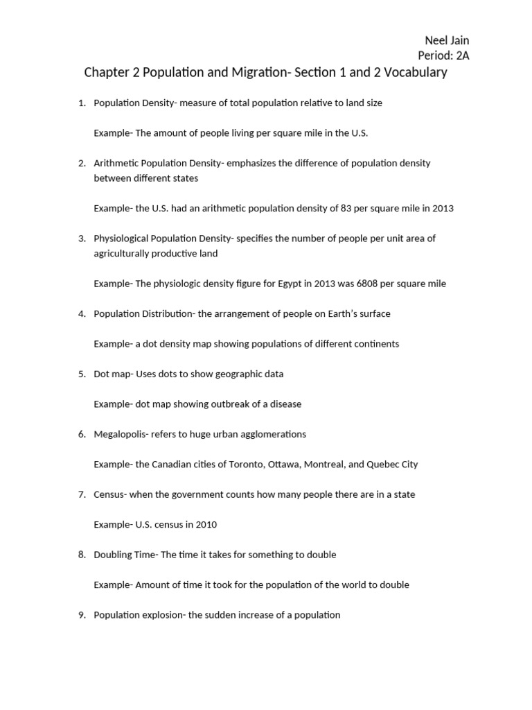 Chapter 2 Population and Migration - Section 1 and 2 Vocabulary | PDF