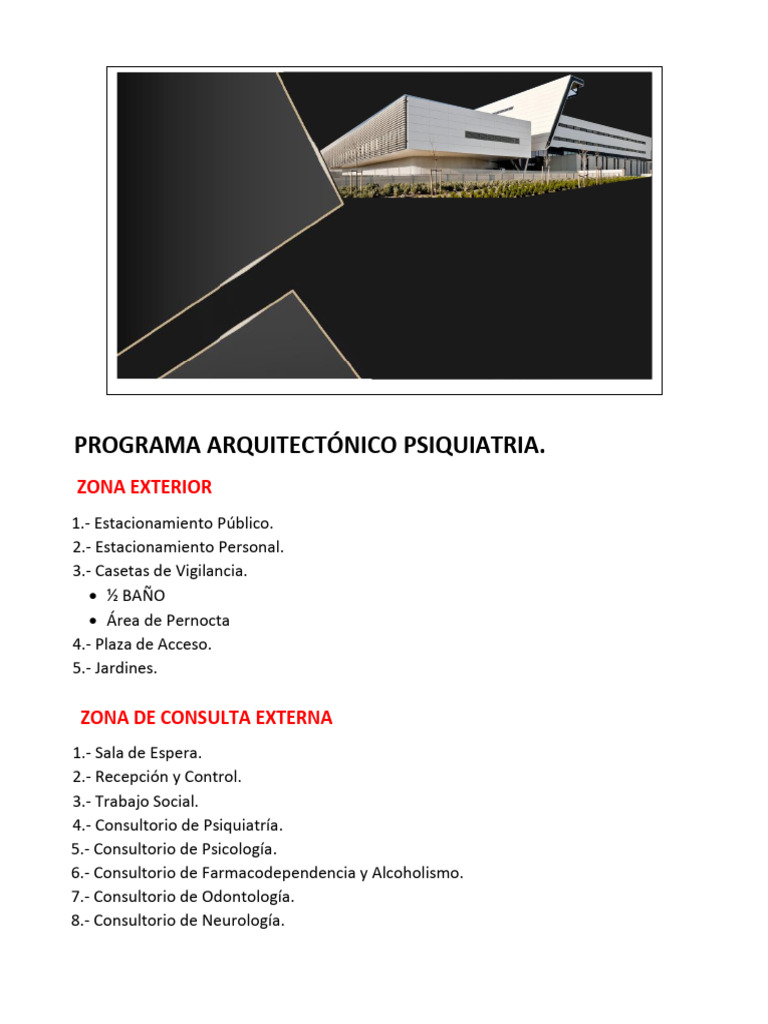 Programa Arquitectónico Psiquiatria | PDF
