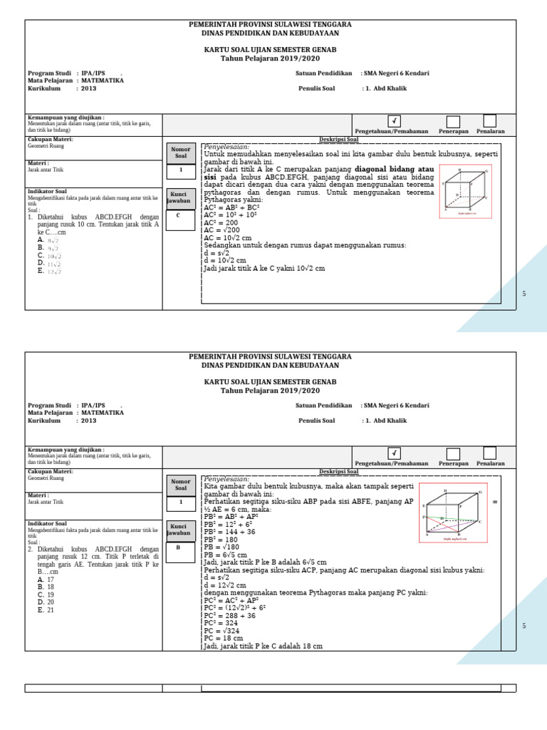 Kartu Soal Matematika Wajib Semester 2 2020 | PDF
