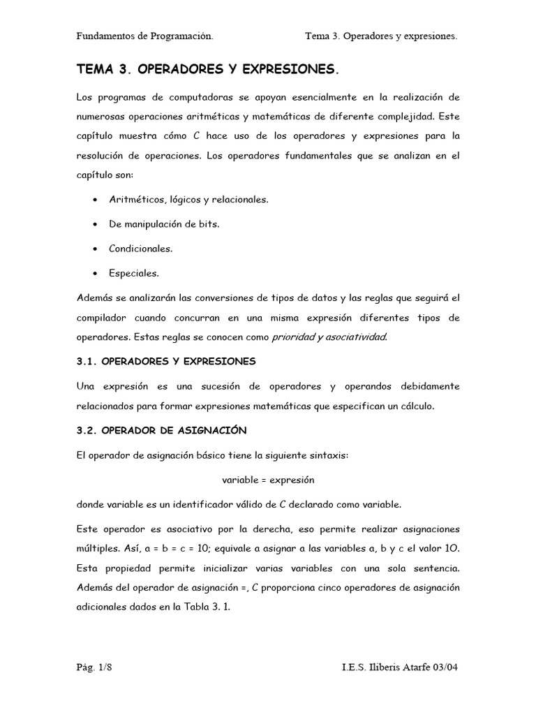 Fundamentos de Programación. Tema 3. Operadores y Expresiones | PDF