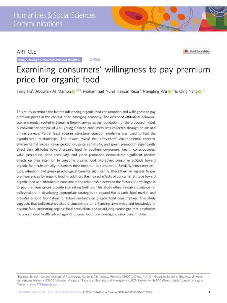Examining Consumers Willingness To Pay Premium Price For Organic Food | PDF