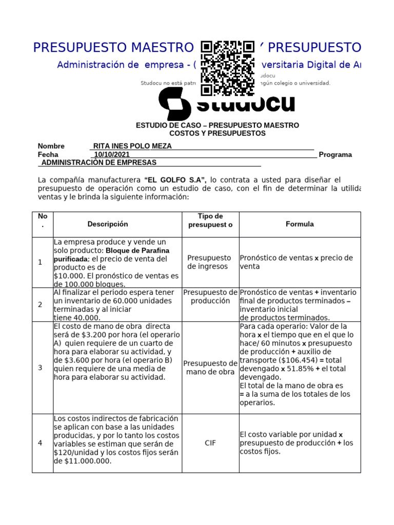 Presupuesto Maestro Costos y Presupuestos | PDF
