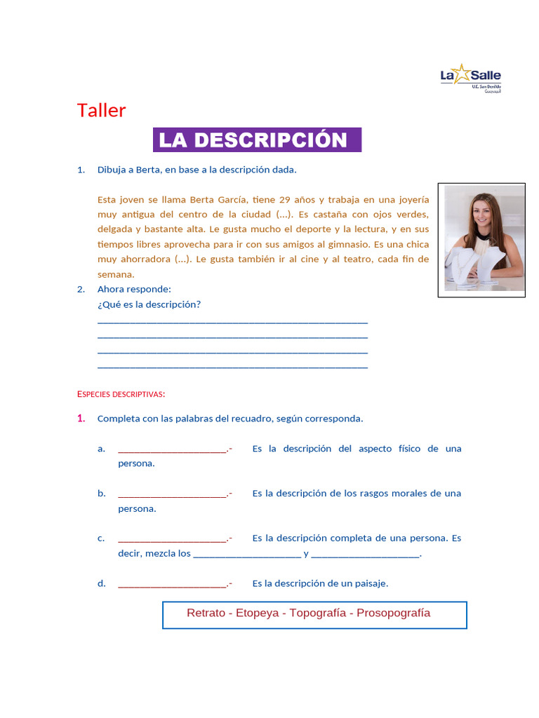 Taller de Lengua y Literatura La Descripcion 4to A y B | PDF