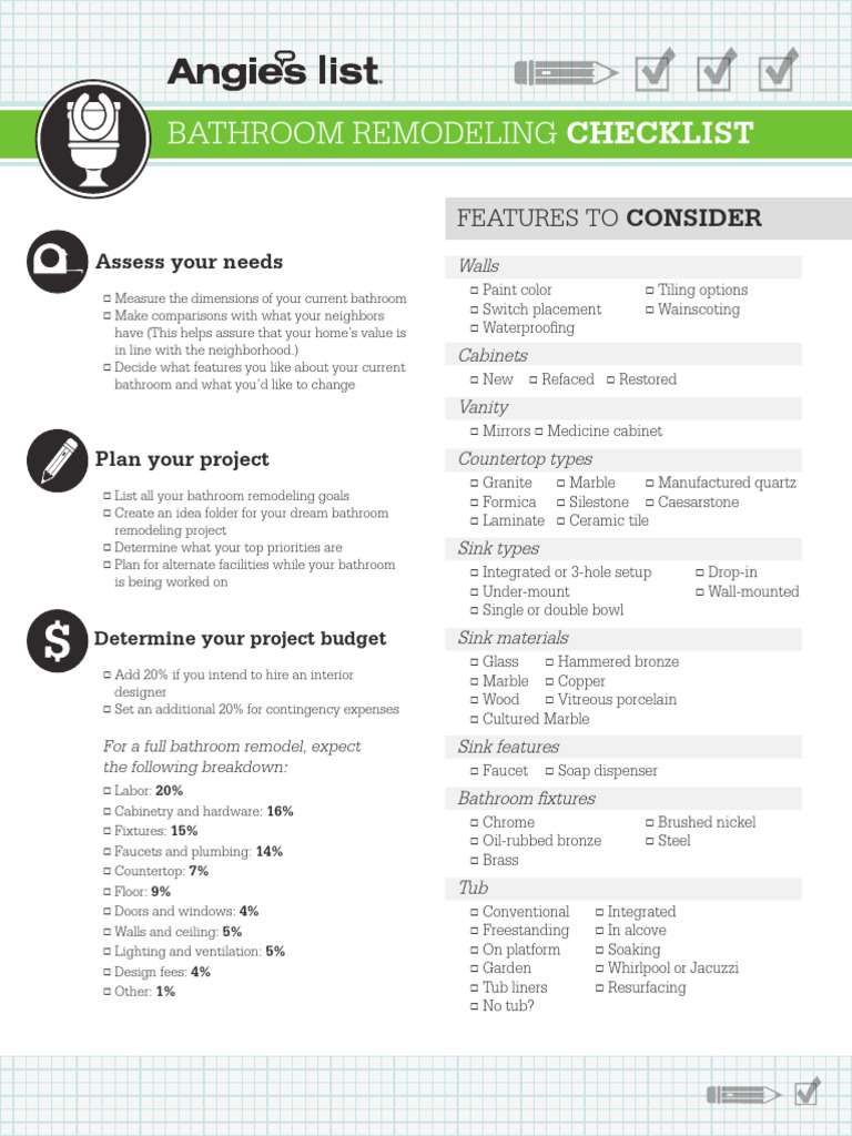 Bathroom Remodeling Checklist | PDF | Countertop | Sink