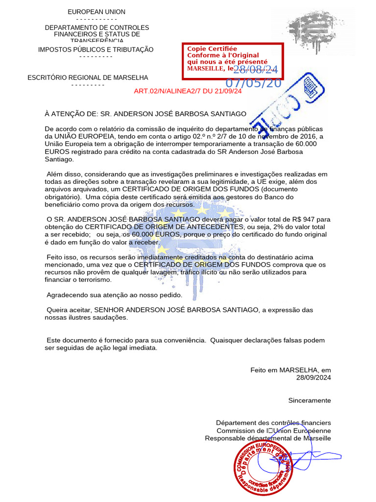 Virement Bloque Pour Preuve D Origine de Fonds Bruxelles Ue | PDF