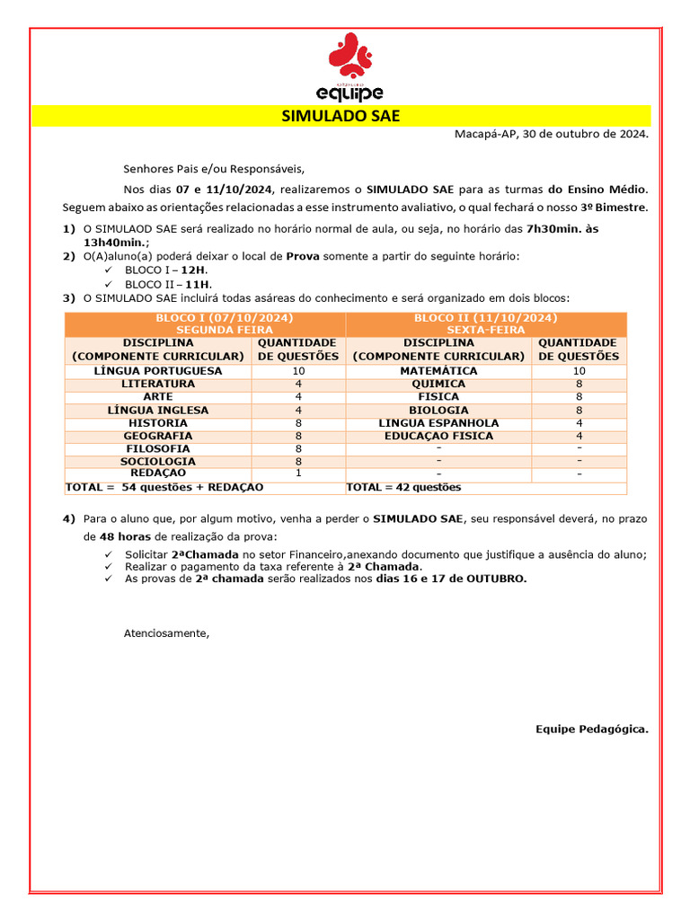 INFORMATIVO - SIMULADO SAE - 3 BIMESTRE-1 | PDF