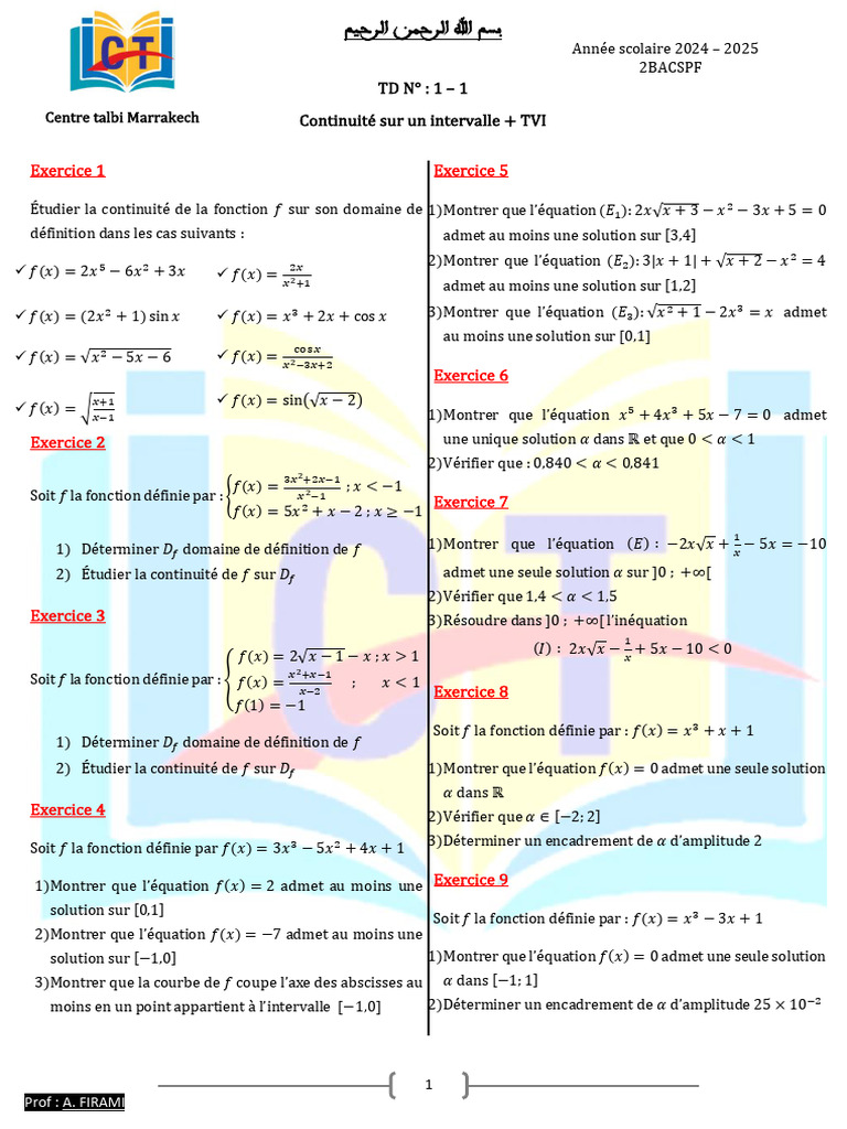 TD N° 1 - 1 - Continuité Sur Un Intervalle - TVI | PDF