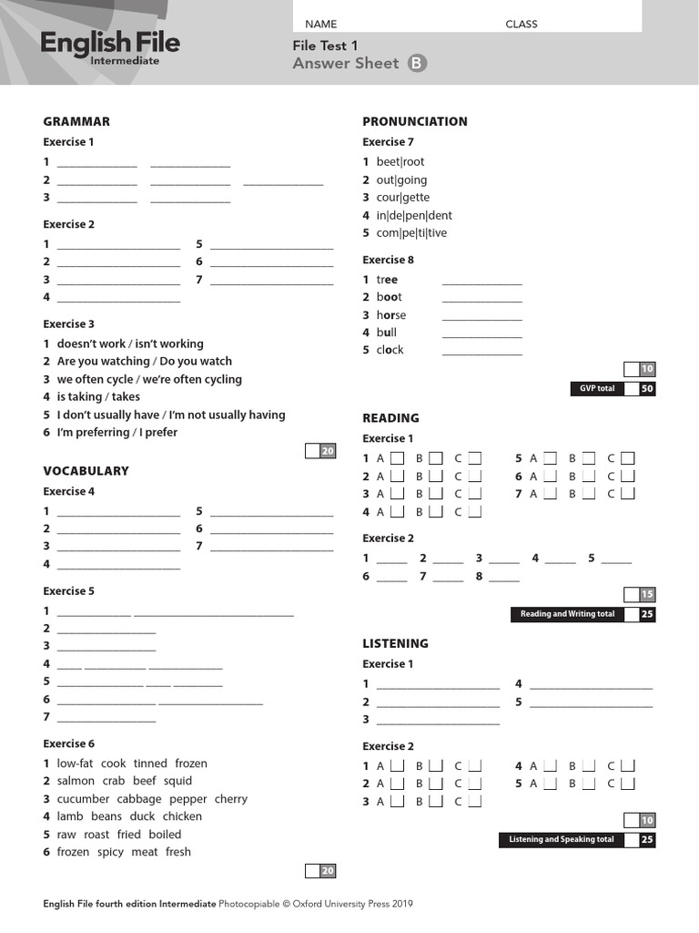 EF4e Int Filetest 1B Answersheet | PDF